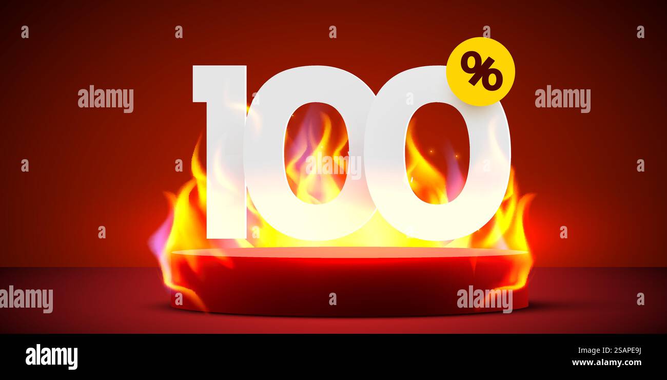 100 percent. Hot sale banner with burning numbers. Discount poster ...