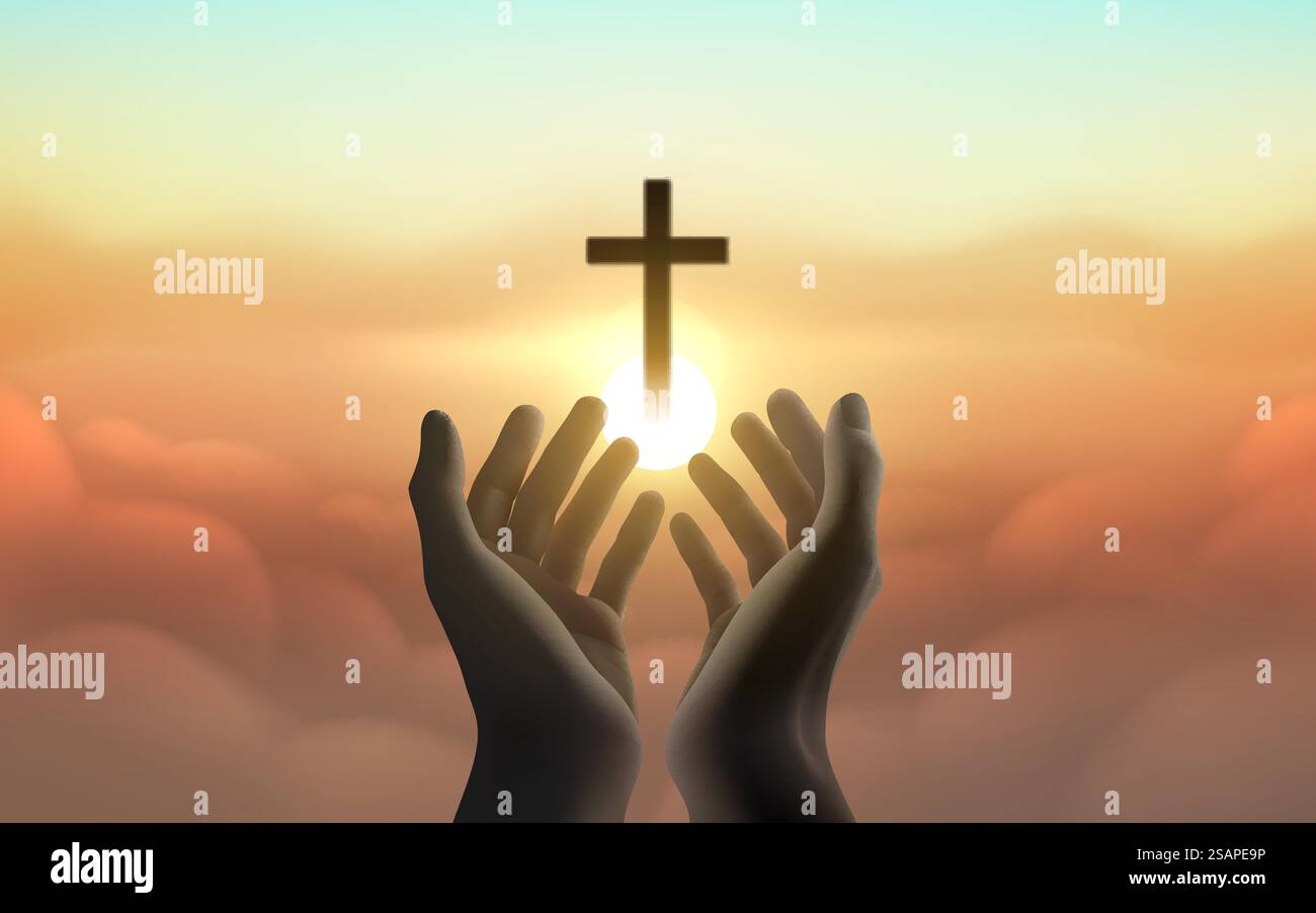 Religious card, hands on sunset background, Christian cross. Vector ...