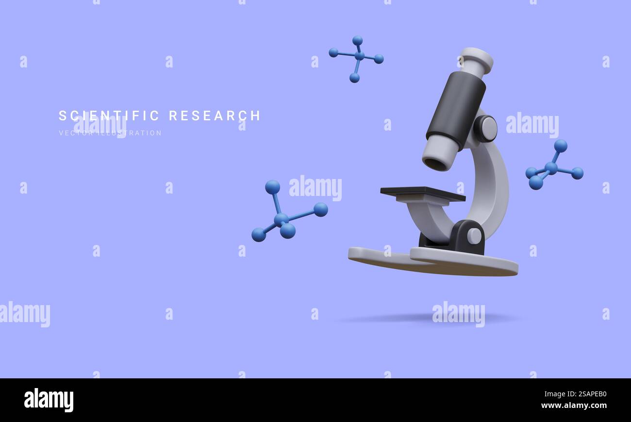3d realistic banner with microscope, molecules isolated on blue ...