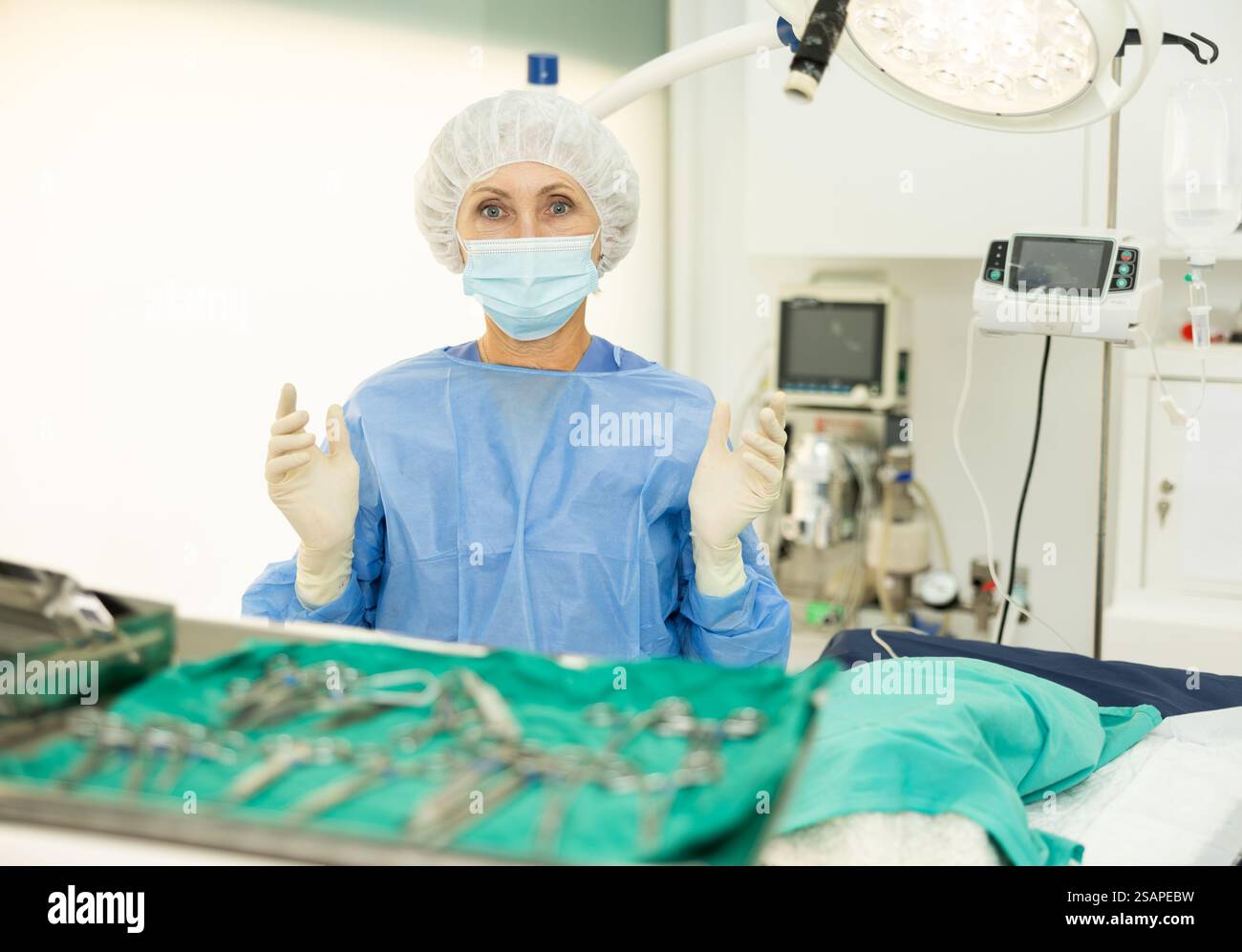 Elderly female veterinarian in surgical outfit standing in veterinary ...