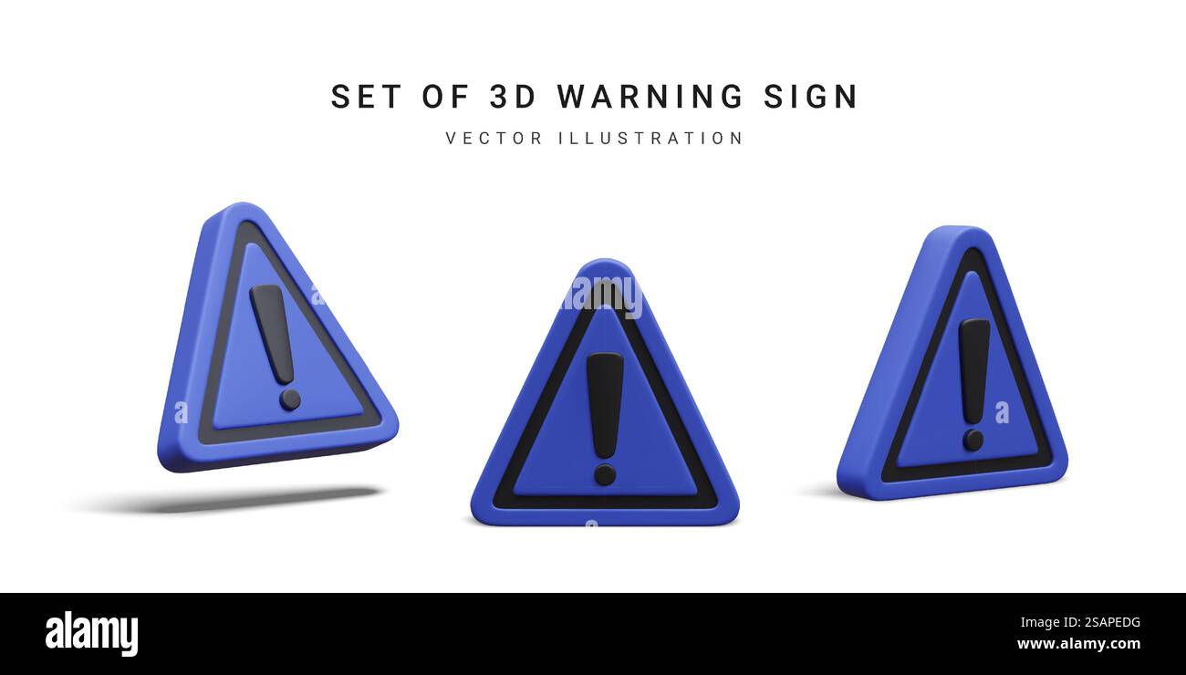 Set of 3d realistic triangle warning sign with exclamation mark ...