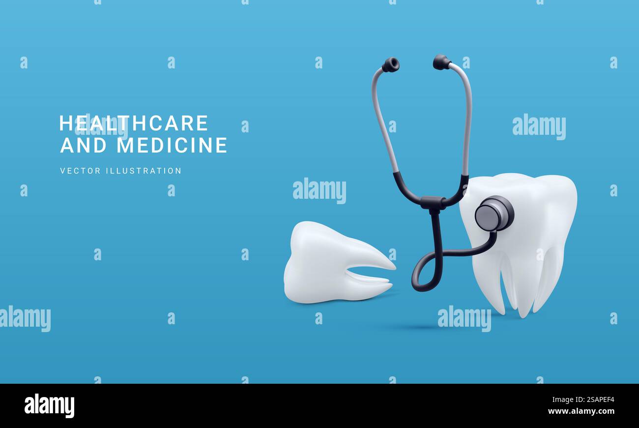 3d realistic tooth with medical stethoscope isolated on blue background ...
