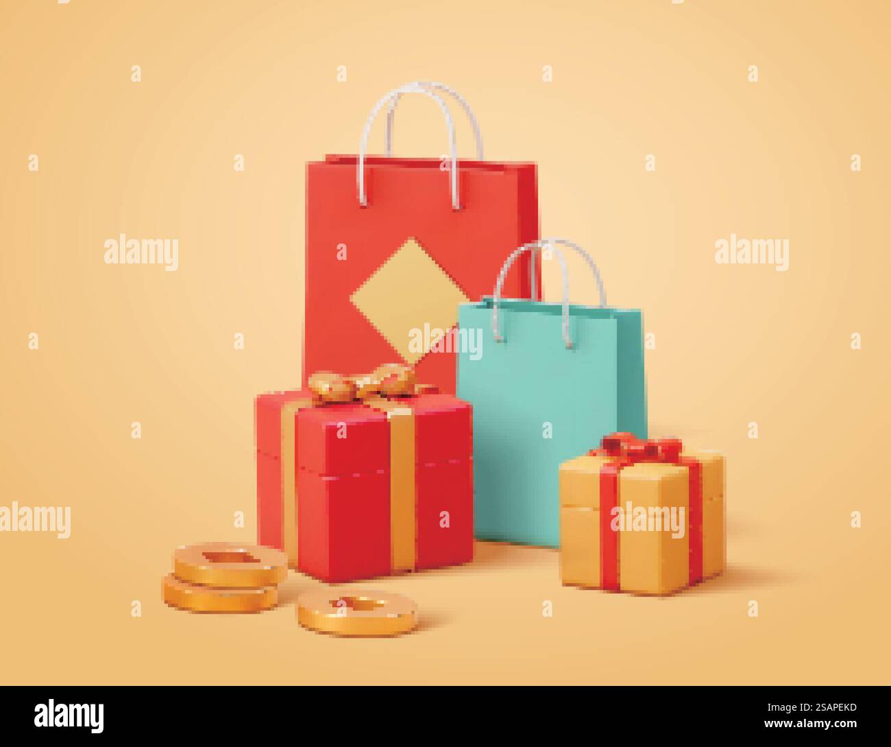 3d cartoon present pile with paper bags and gift boxes. Isolated on ...