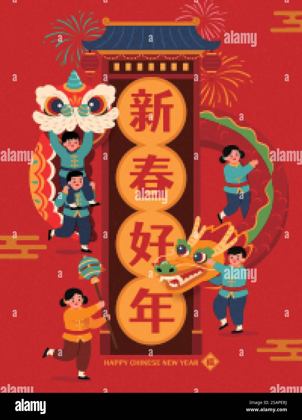 Creative CNY temple fair poster of young people performing dragon and ...