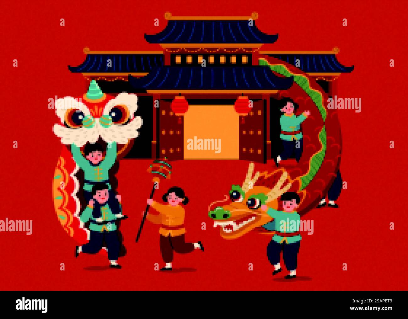 Cute Asian teenagers performing folk dragon and lion dance before the ...