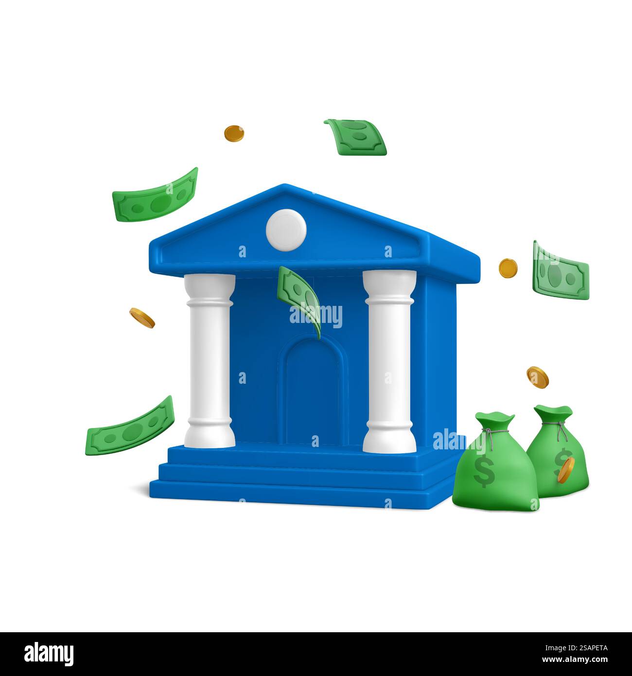 Bank building with falling paper currency, gold coins and money bag in ...