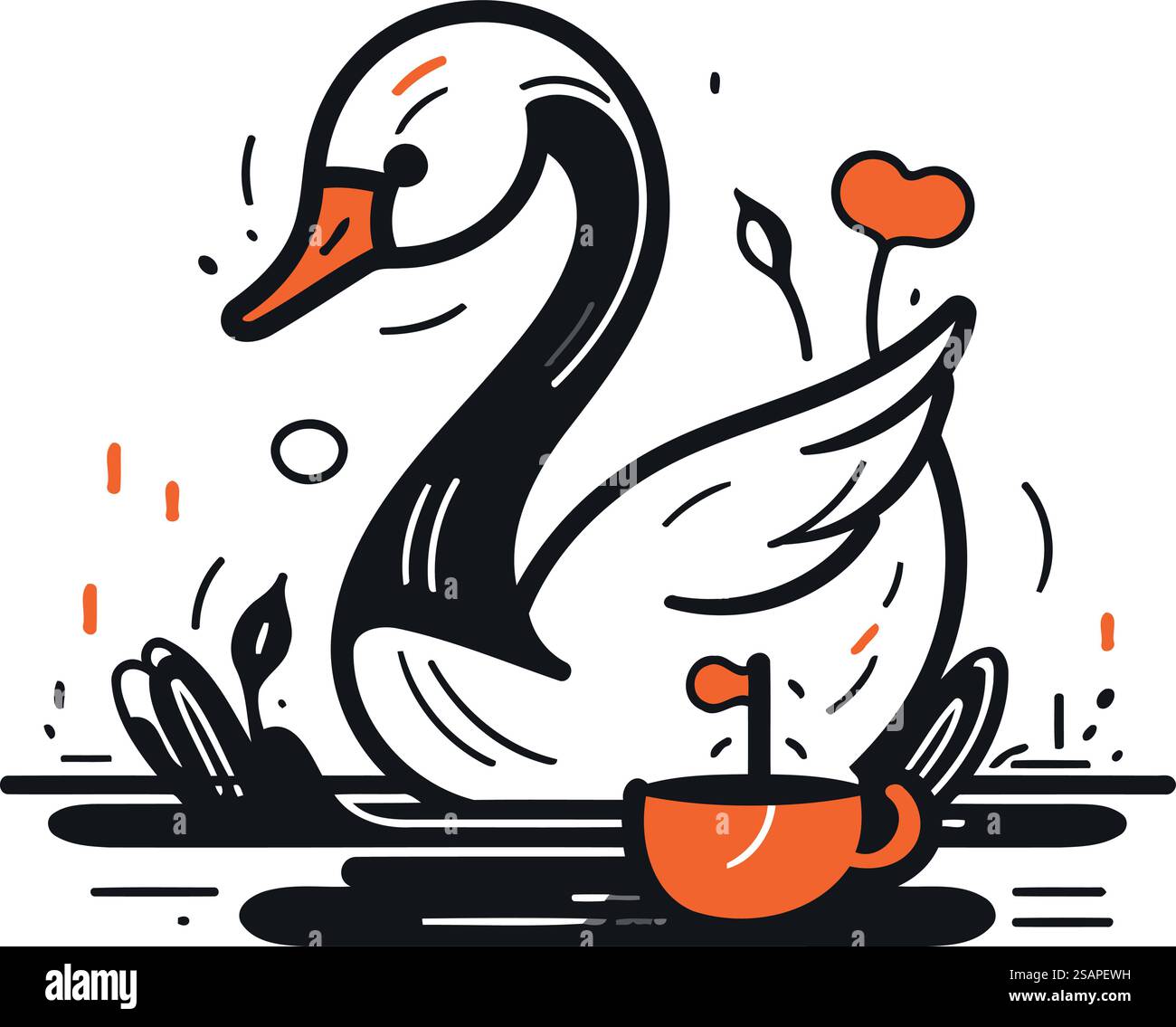 Swan with cup of tea. Vector illustration in doodle style Stock Vector ...