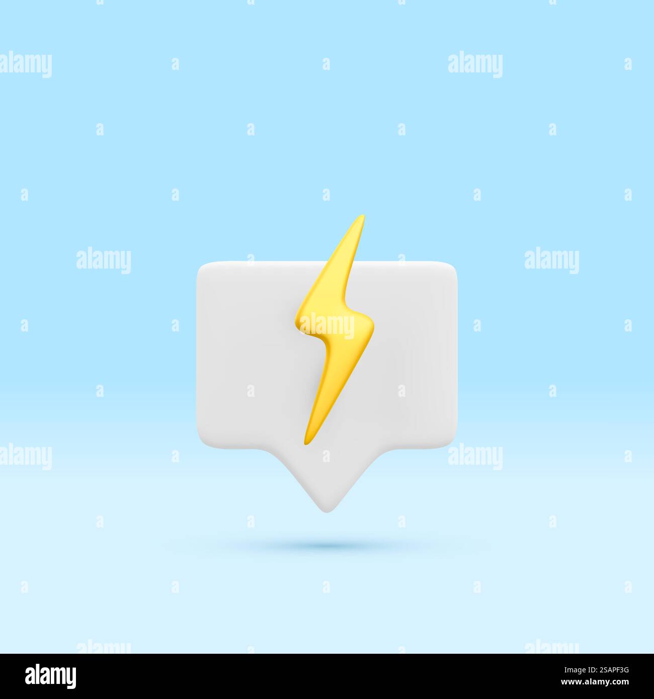 3d realistic speech bubble with thunder bolt isolated on blue background. Flash lightning for ...