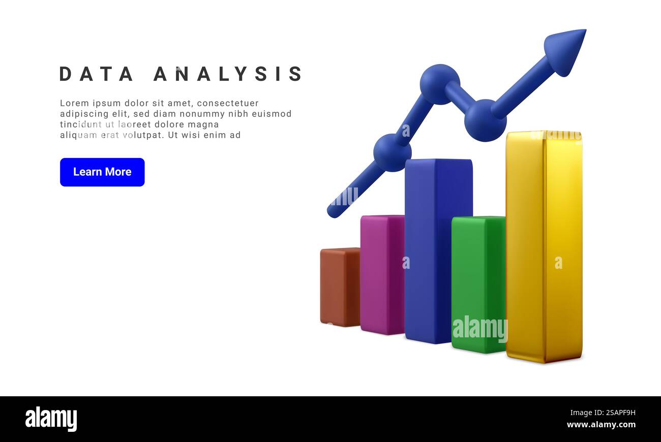 Data analysis concept banner. Growing bars graphic with rising arrow. Digital marketing. Vector ...