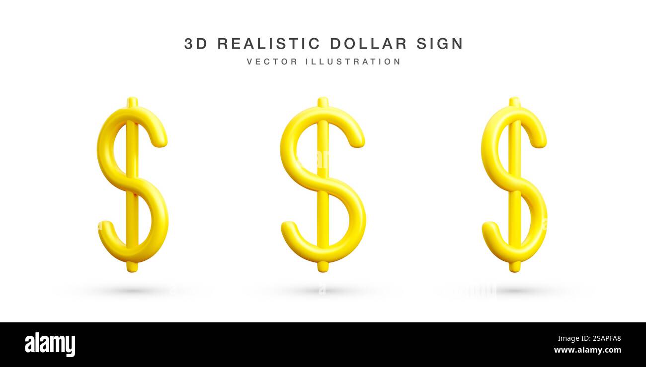 Set of 3D realistic gold dollars sign. Collection of US dollars ...