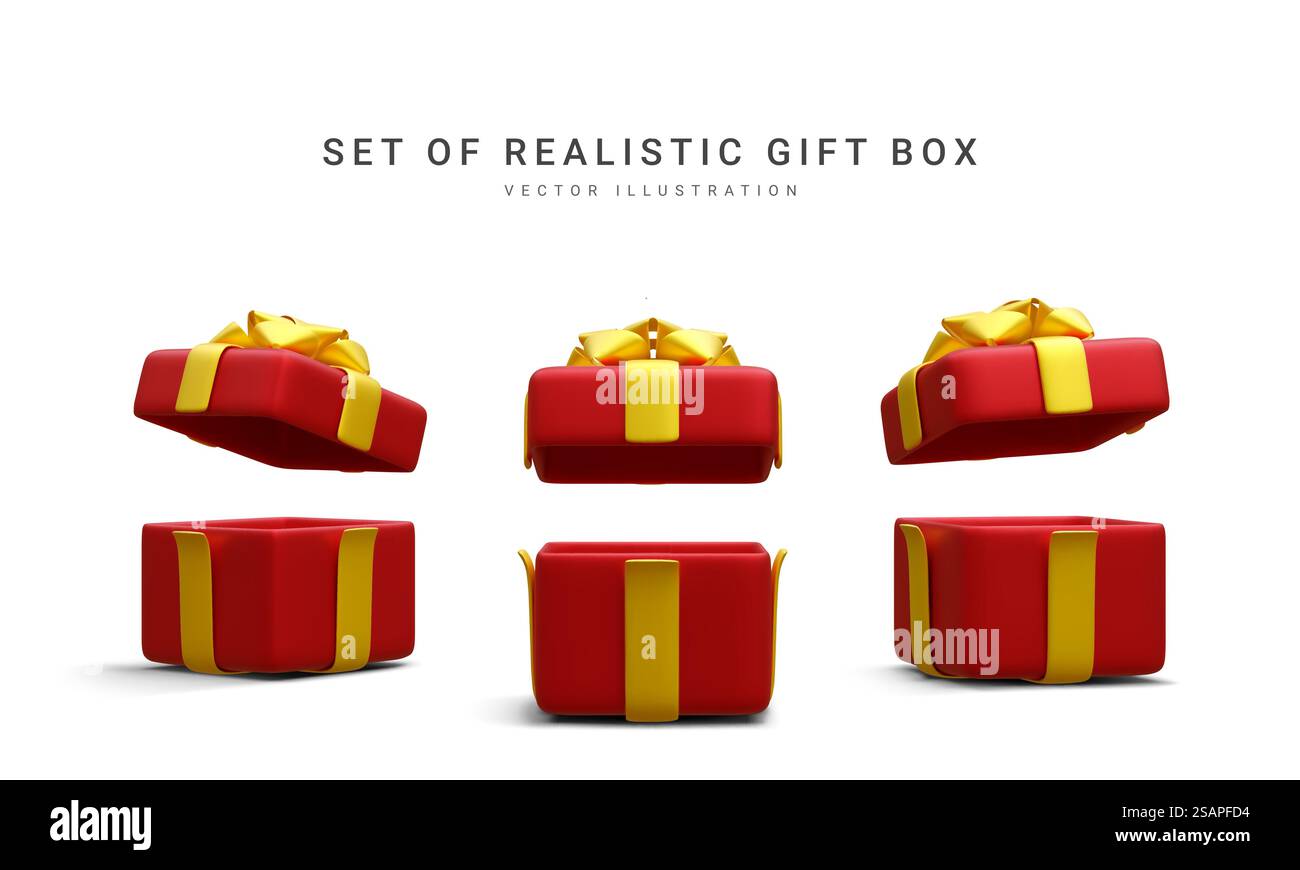 Set of 3d realistic red gift boxes with gold ribbon isolated on white ...