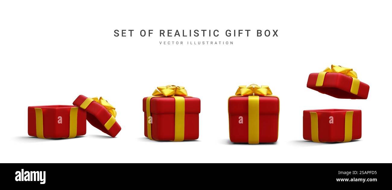 Set of 3d realistic red gift boxes with gold ribbon isolated on white ...