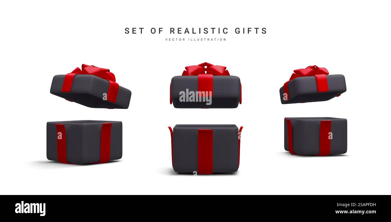 Set of 3d realistic gift boxes with red ribbon isolated on white ...