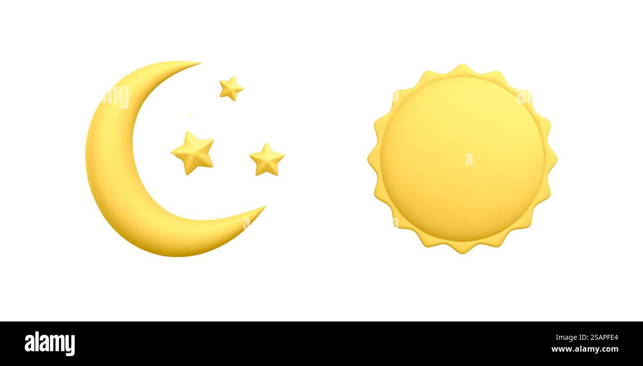 3d realistic yellow crescent moon with stars and sun isolated on white ...