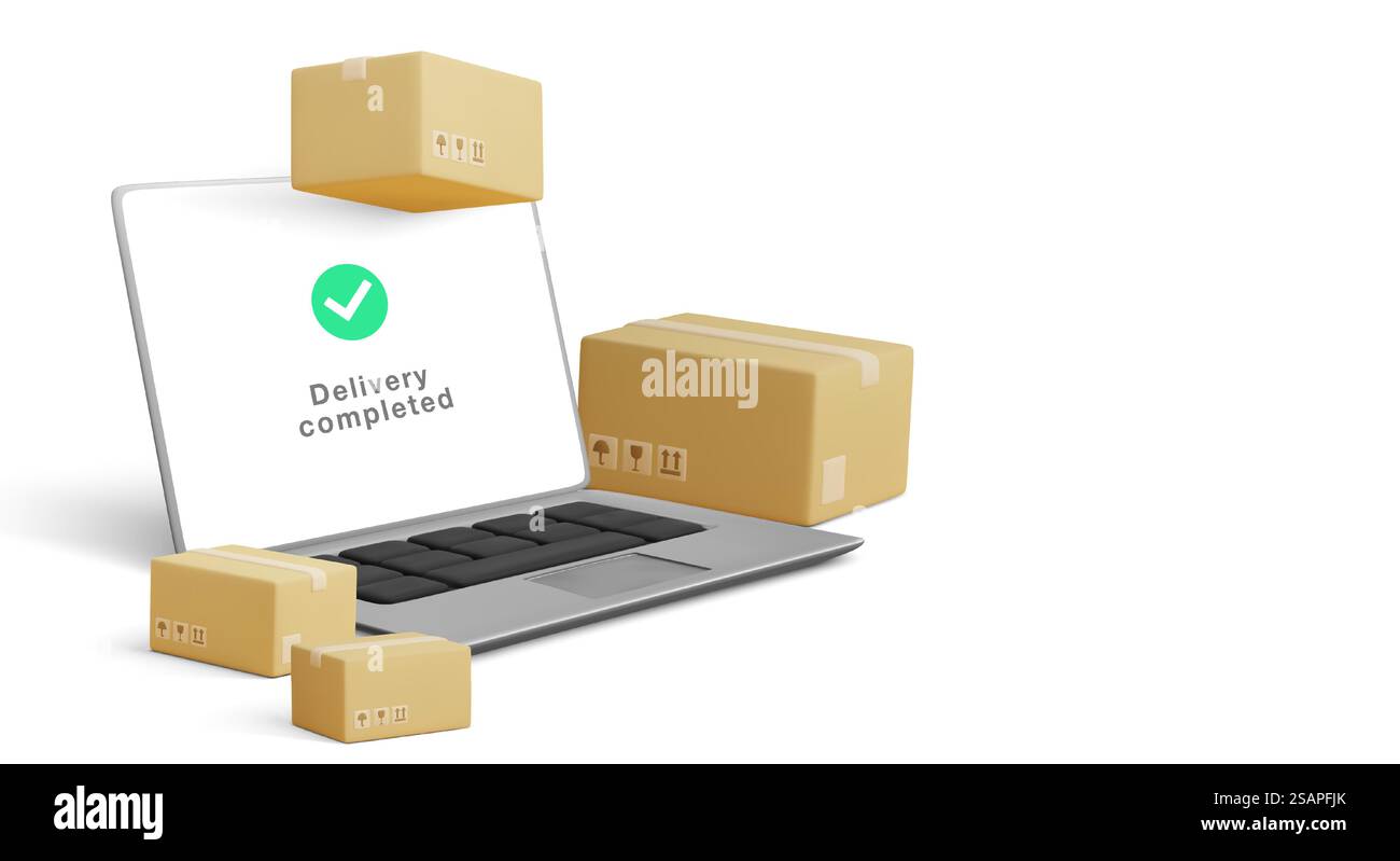 Online delivery banner with 3d realistic laptop and parcels in ...