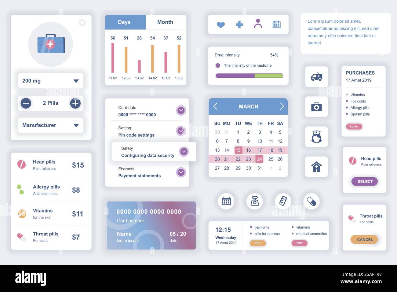 User interface elements set for medical mobile app. Kit template with HUD diagrams, clinic ...