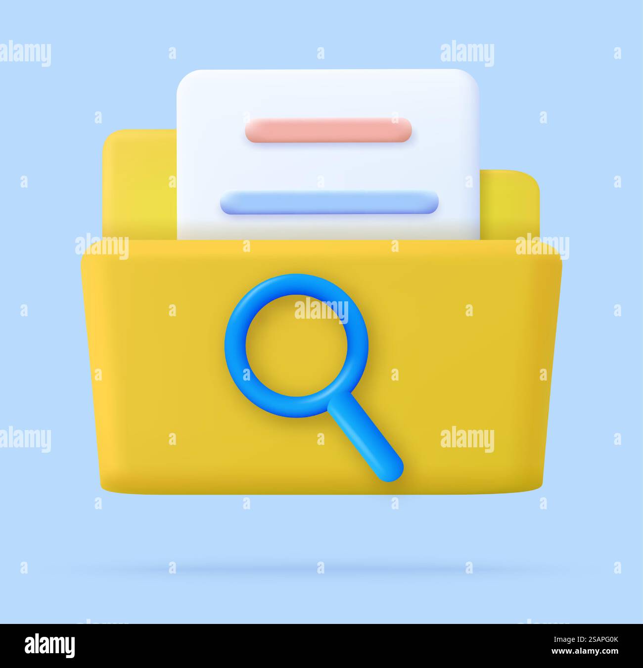 3d Magnifying glass and yellow folder with files. concept of document ...