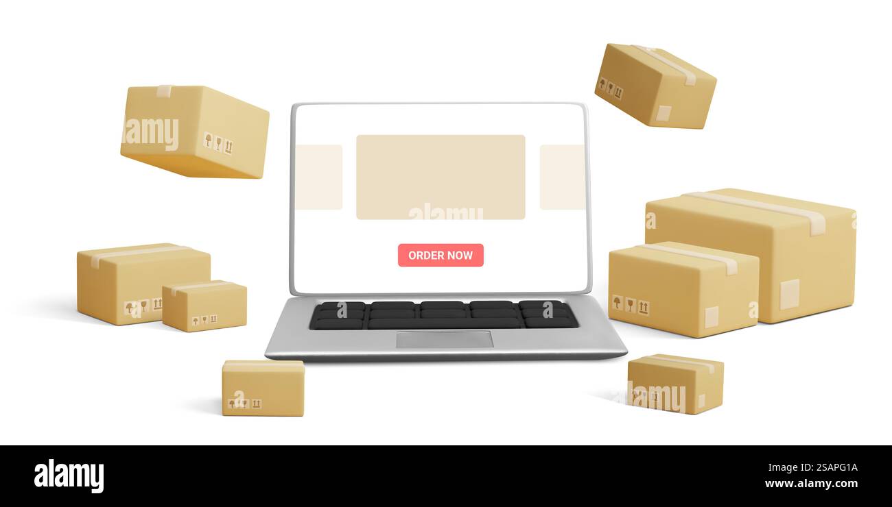 Laptop with APP parcel delivery. Brown boxes with shadow and mobile ...