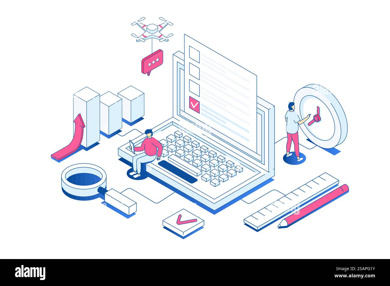 Online survey concept in 3d isometric design. Men filling questionnaire on laptop, giving ...