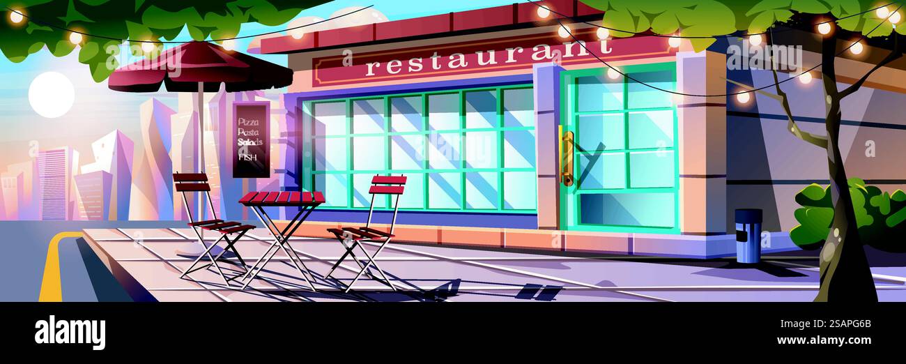 Restaurant facade background banner in flat cartoon design. Street ...