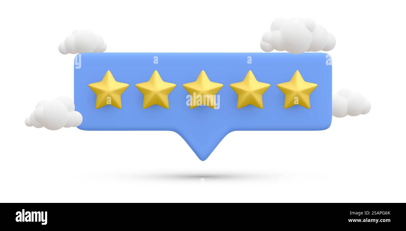 3d realistic bubble rating five stars with clouds for excellent services. Customer rating ...