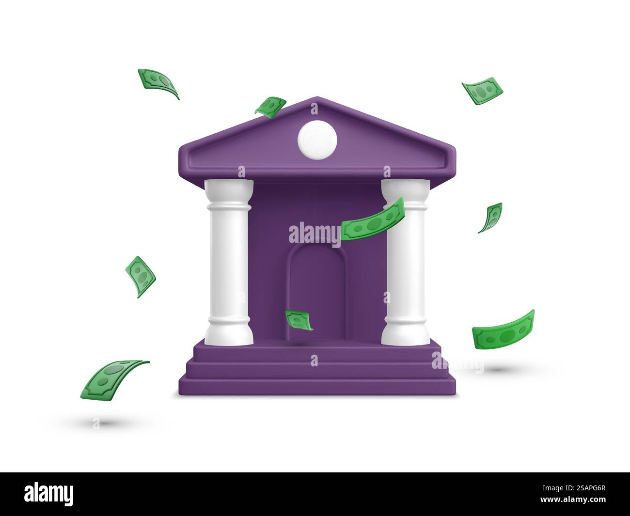 Bank building with falling paper currency in realistic cartoon style ...