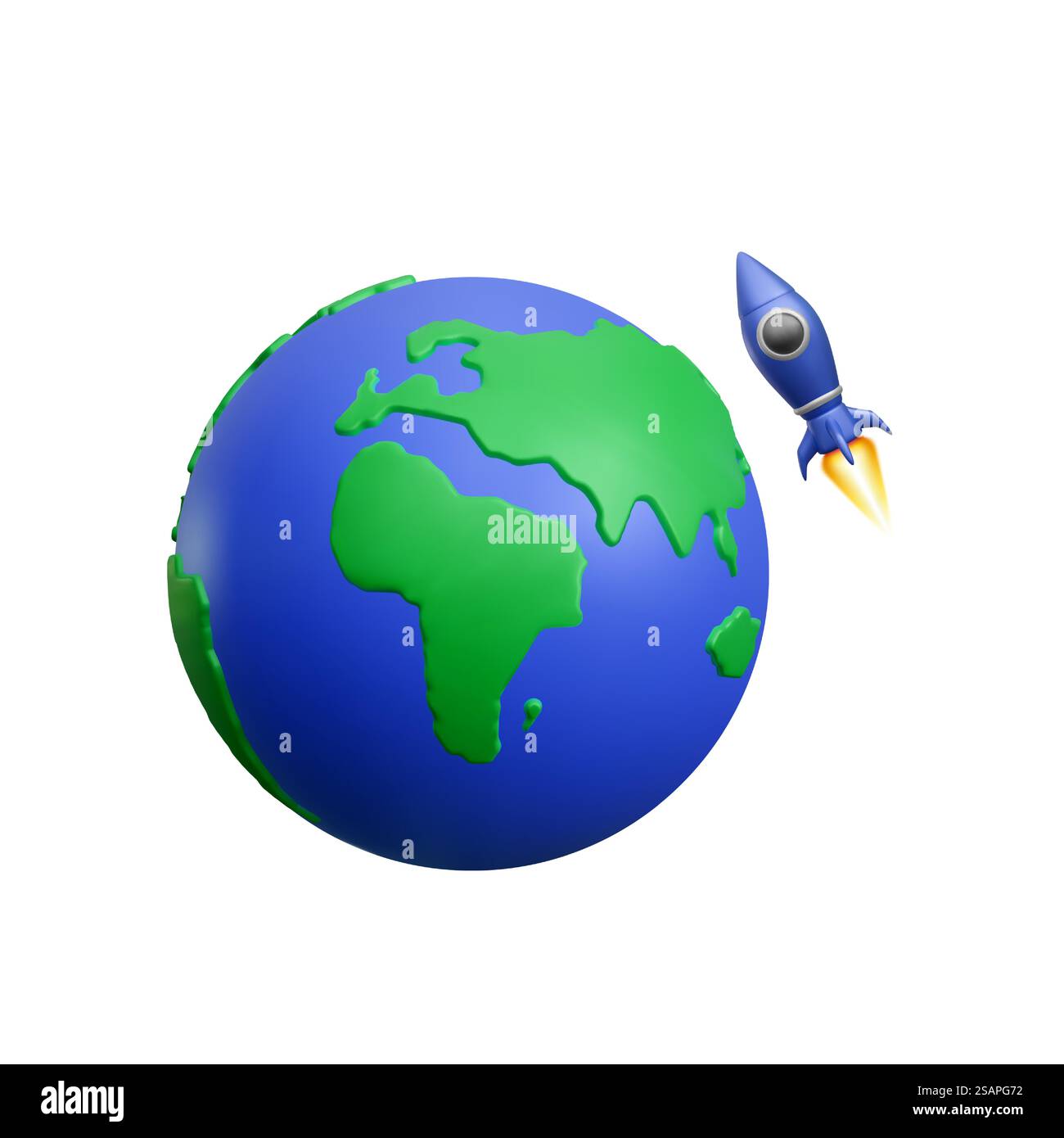 Realistic 3d planet Earth with flying rocket on white background ...