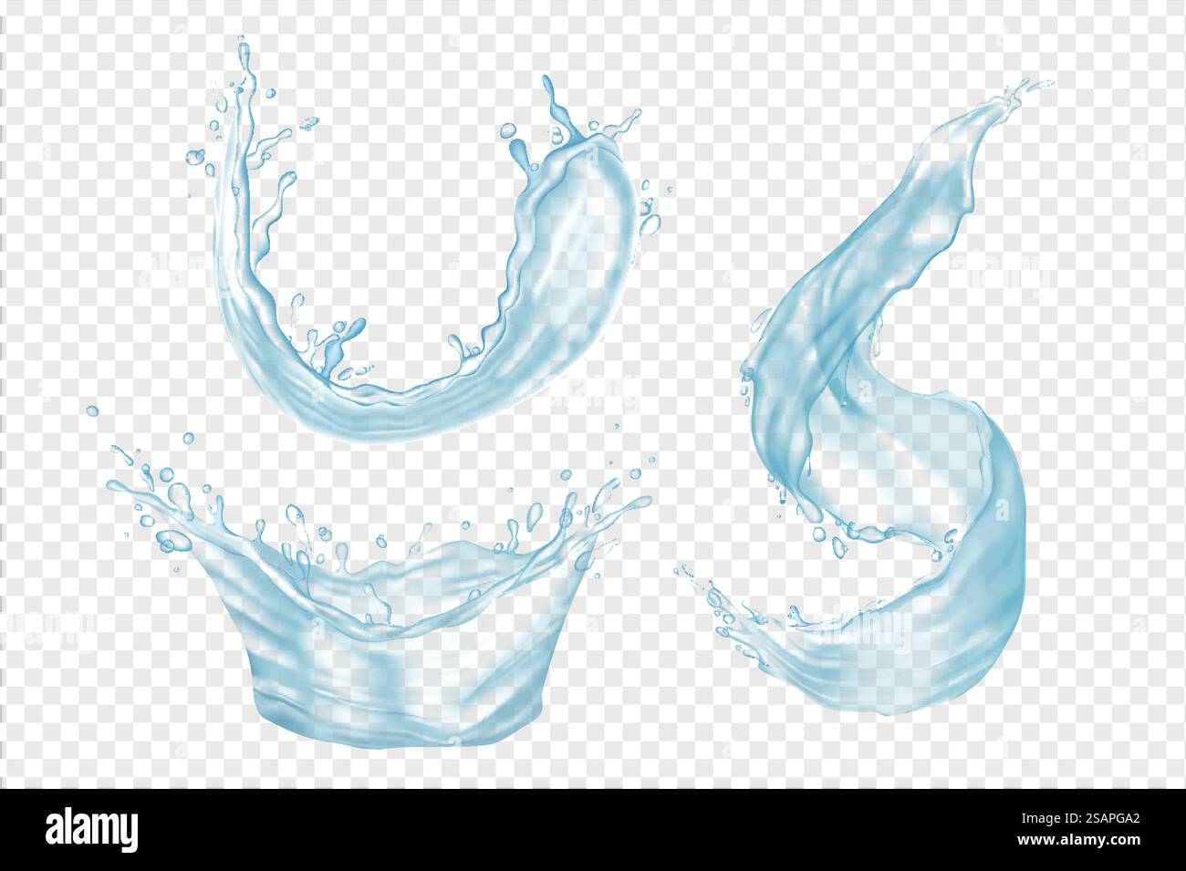 Water splashes mega set in 3d realistic design. Bundle elements of blue liquid fluids with drops ...