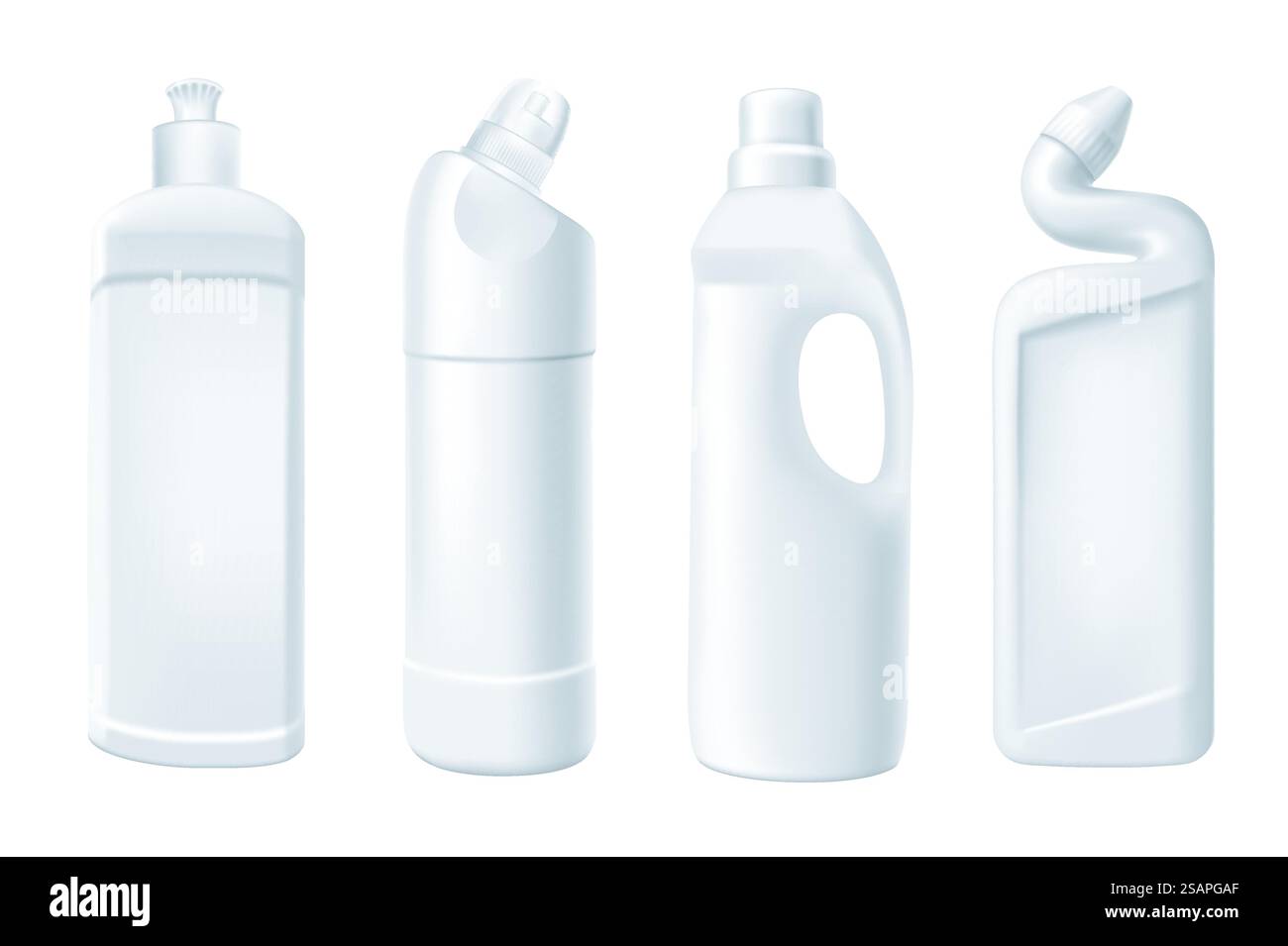 Softener in bottles mega set in 3d realistic design. Bundle elements of different types of white ...