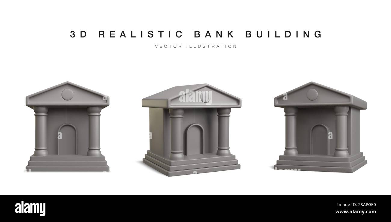 3d bank building. Set of realistic bank icons in different position ...