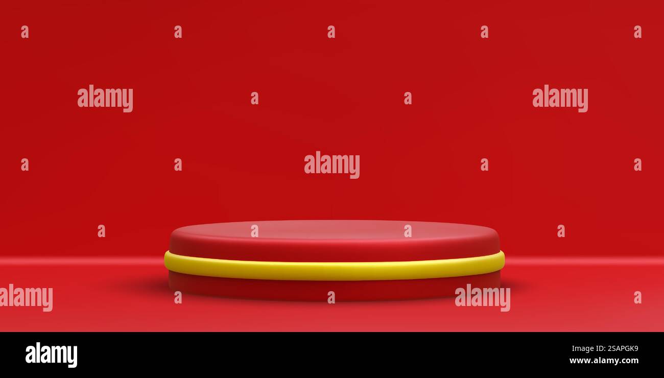 3d realistic red round podium. Scene and platform with gold circle on ...