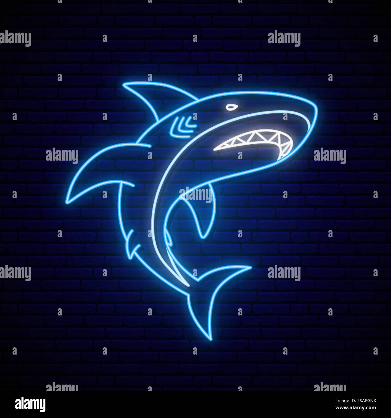 Blue neon glowing shark. Icon of predatory shark with an open mouth ...