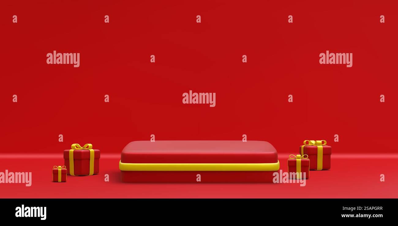 3d realistic red podium with gold on light background. Scene and ...