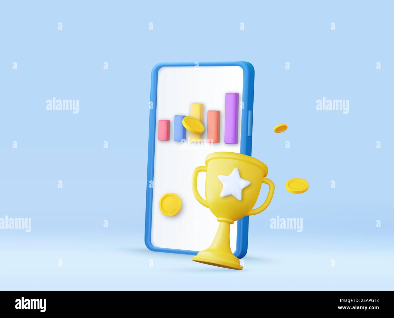 3d Champion trophy, gold cup and mobile phone funding business graph ...