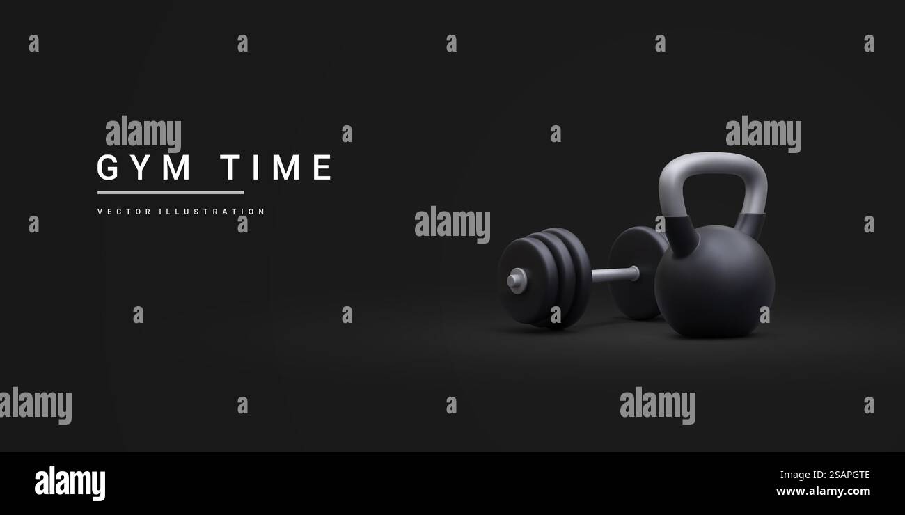 3d realistic banner with dumbbells and kettlebell isolated on black background. Vector ...