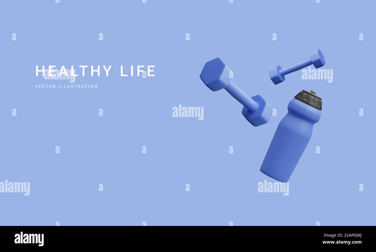Set of 3d realistic sport equipment. Dumbbells and water bottle ...
