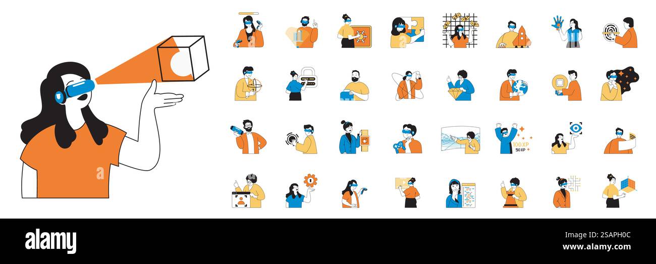 Virtual reality concept with people situations mega set in flat web ...