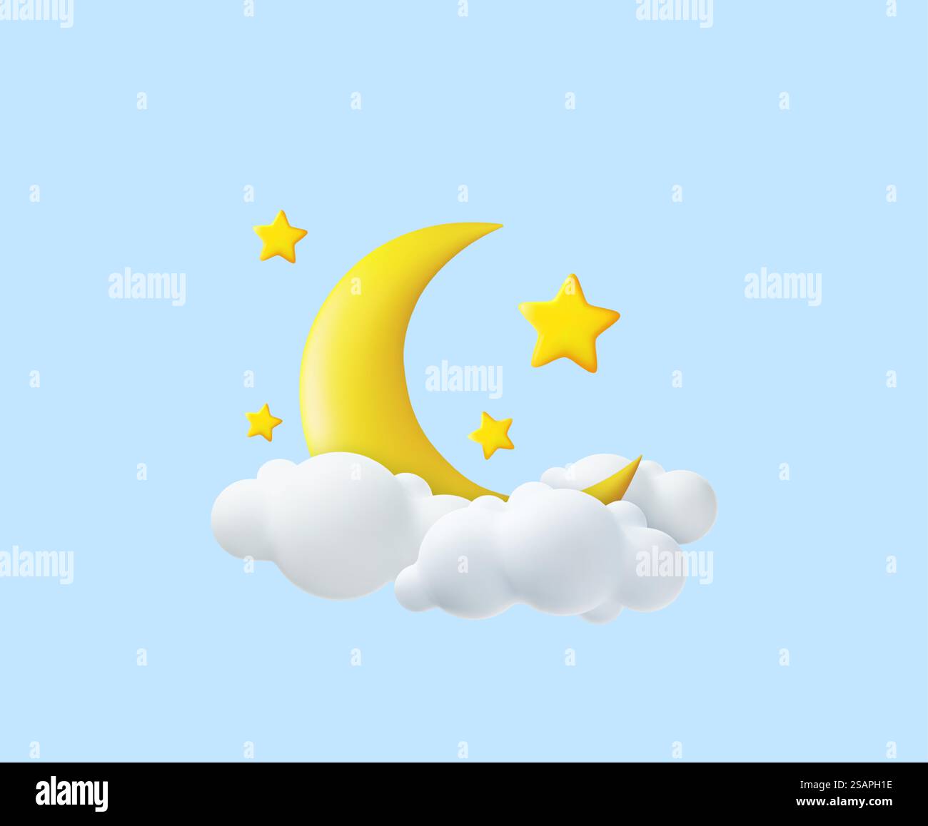 3d Crescent moon, golden stars and white clouds isolated on blue ...