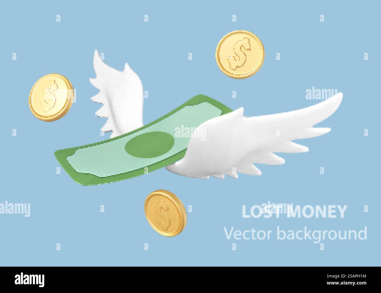 3D dollar bill with white wings and gold coins on blue background ...