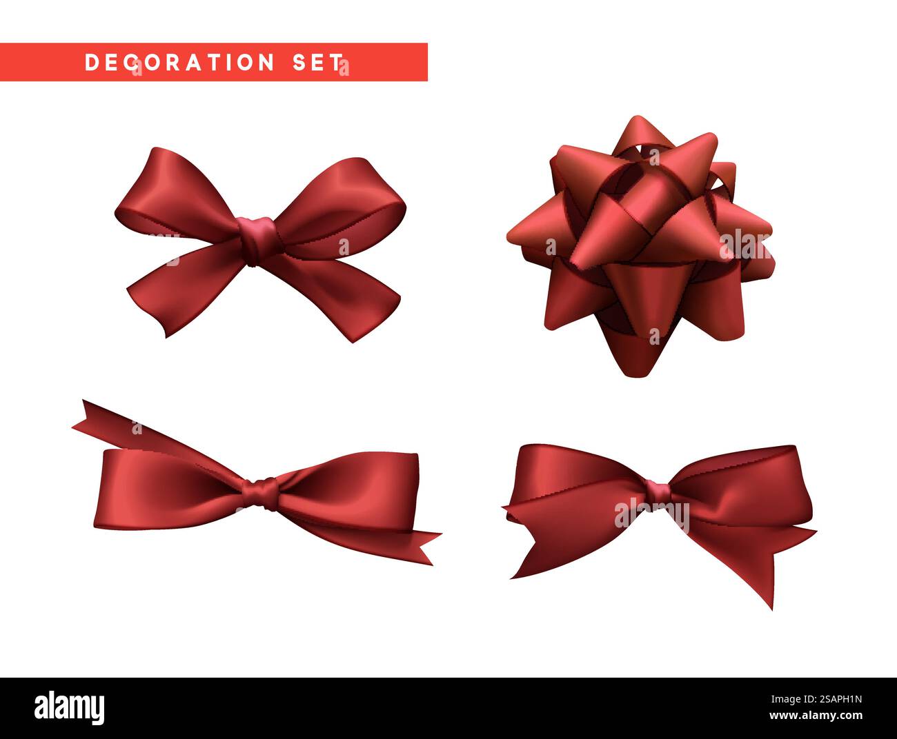 Set of Festive red bows made of ribbon. Holiday different types of bows ...