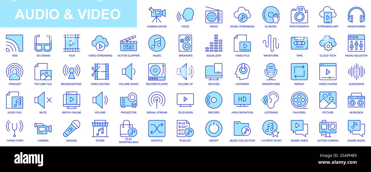Audio and video web icons set in blue line design. Pack of camera movie ...