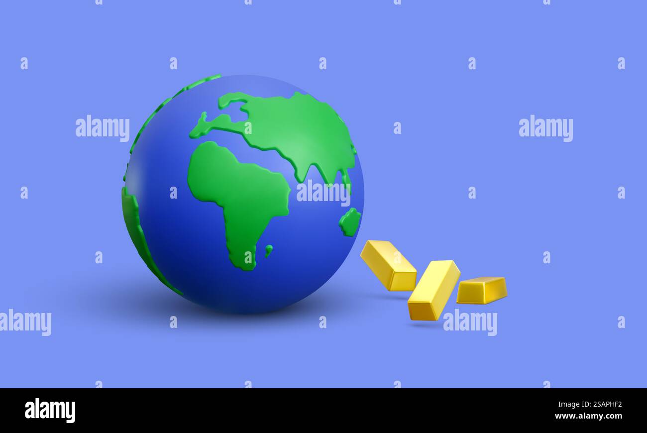 Realistic 3d planet Earth with gold bars on blue background. Vector ...