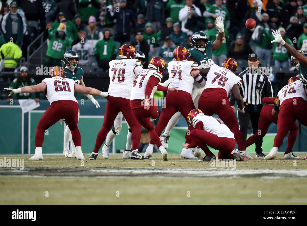 Washington Commanders place kicker Zane Gonzalez (47) attempts a kick ...