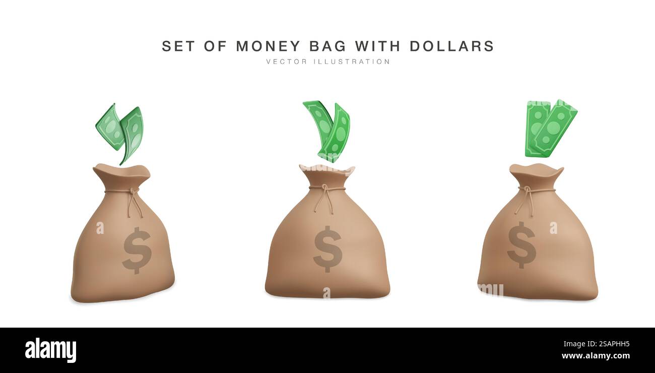 Set of 3d realistic money bags with green dollars banknote currency ...
