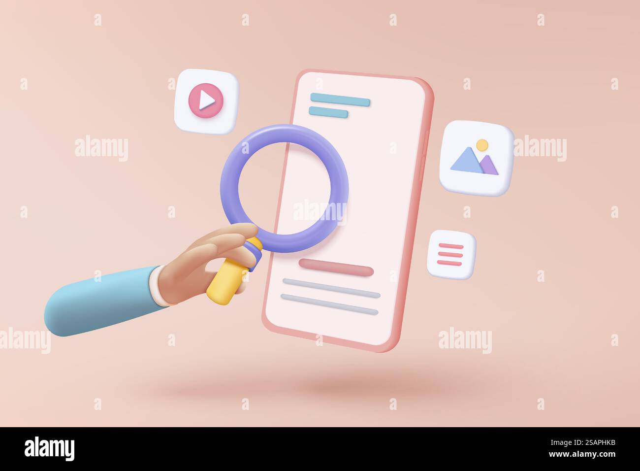 3D vector hand holding mobile phone with social icon on background, Searching image and video ...