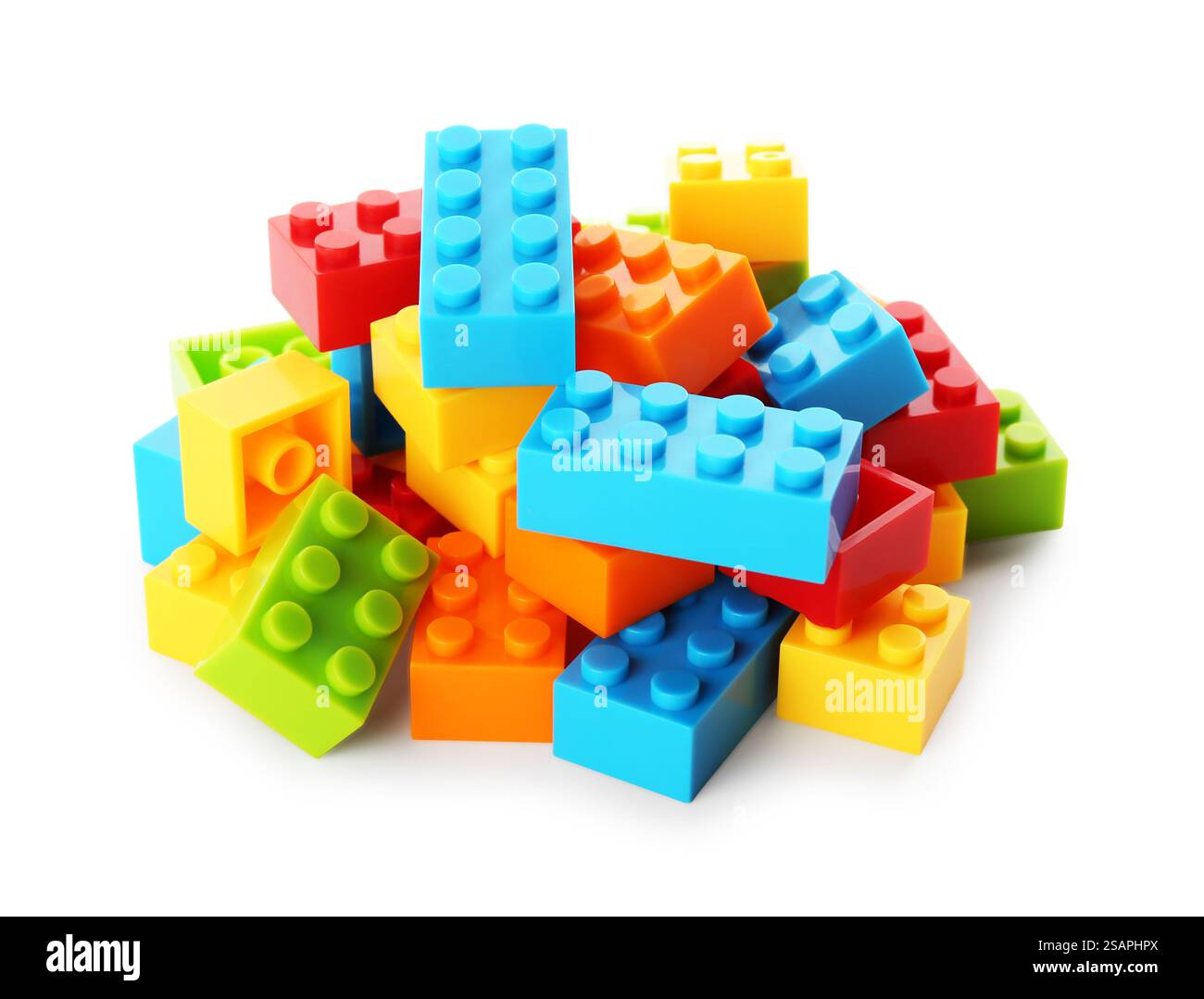 Construction toy. Pile of building bricks isolated on white Stock Photo ...