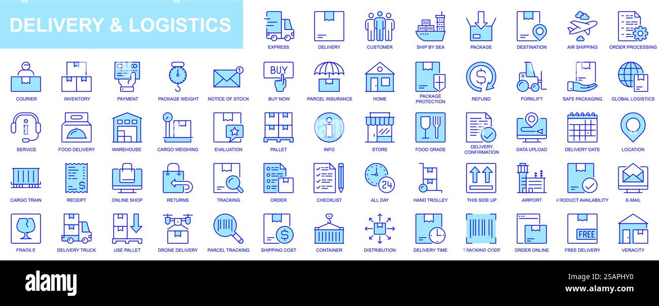 Delivery and logistics web icons set in blue line design. Pack of ...