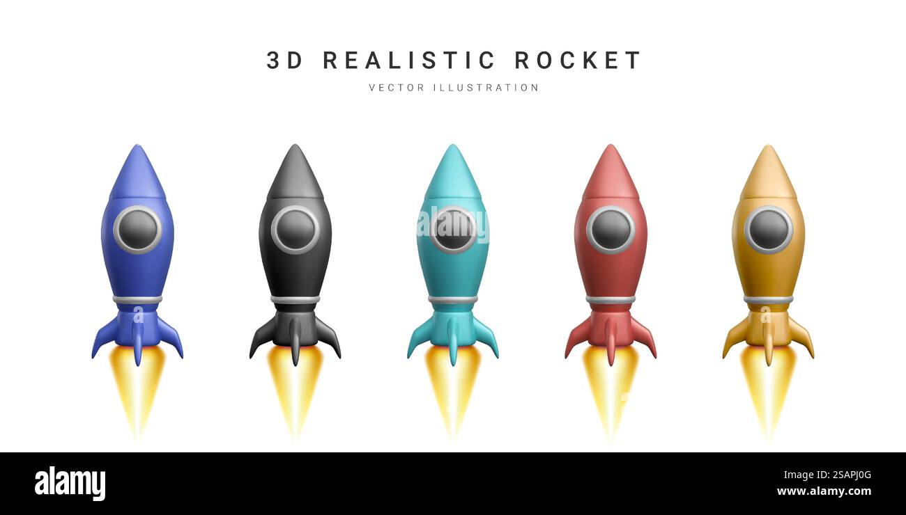 3d colour rocket set. Realistic space ship isolated on a white ...