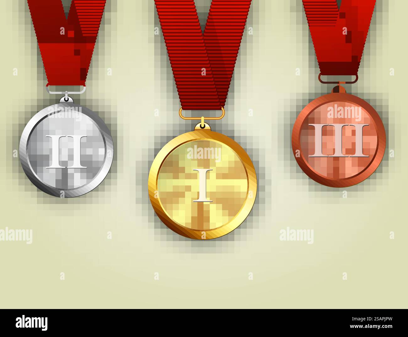 Gold silver and bronze medals on ribbons with shiny metallic surfaces ...