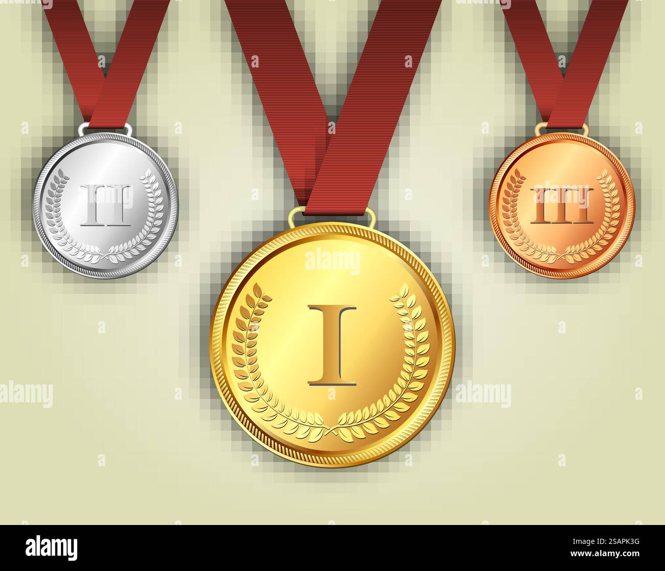 Gold silver and bronze medals on ribbons with shiny metallic surfaces ...